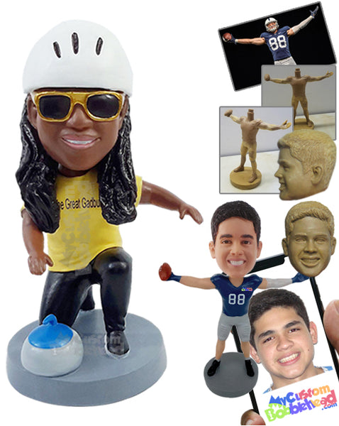 Custom Bobblehead Girl playing Ice Curling wearing a t-shirt kneeling ...