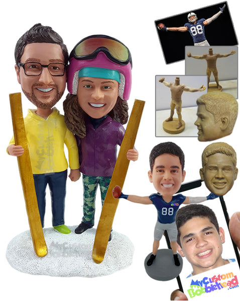 Custom Bobblehead Ski couple on the snow all geared up with ski pads i ...