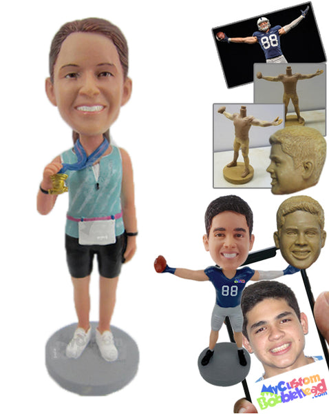 Custom Bobblehead Female Marathon Runner Showing Off Her Gold Medal ...