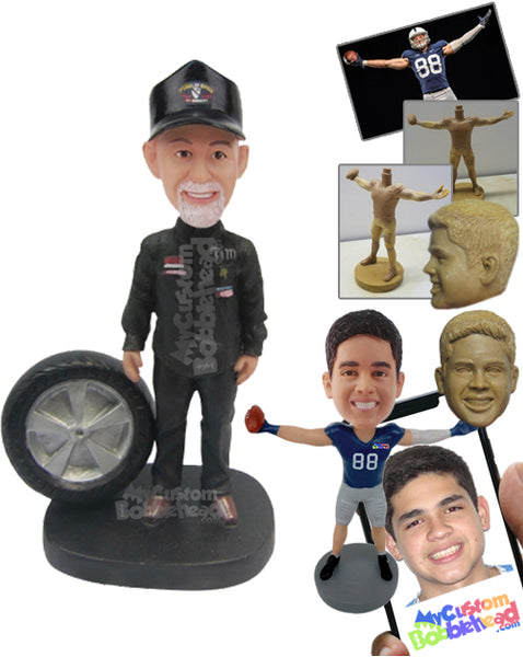 Custom Bobblehead Car Racer Mechanic Posing With Tire And Tools - Spor ...