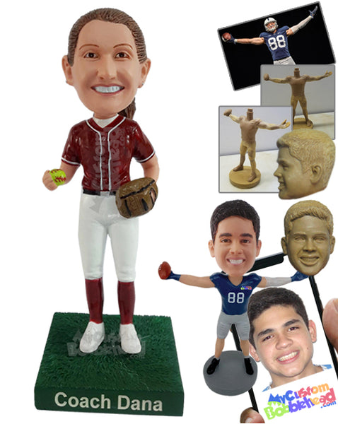 Custom Bobblehead Happy Softball player holding the ball ready to star ...