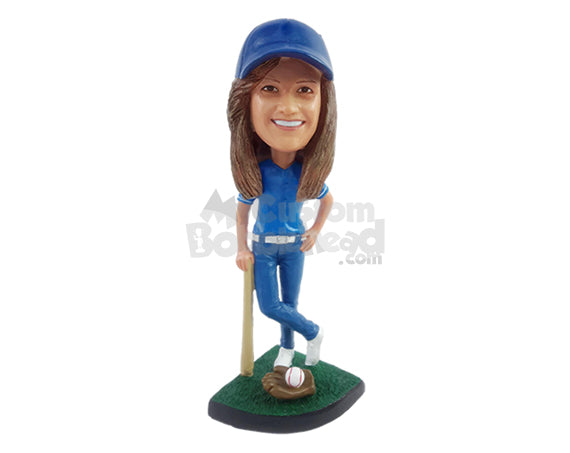 Custom Bobblehead Female softball player leaning on a bat with crossed ...